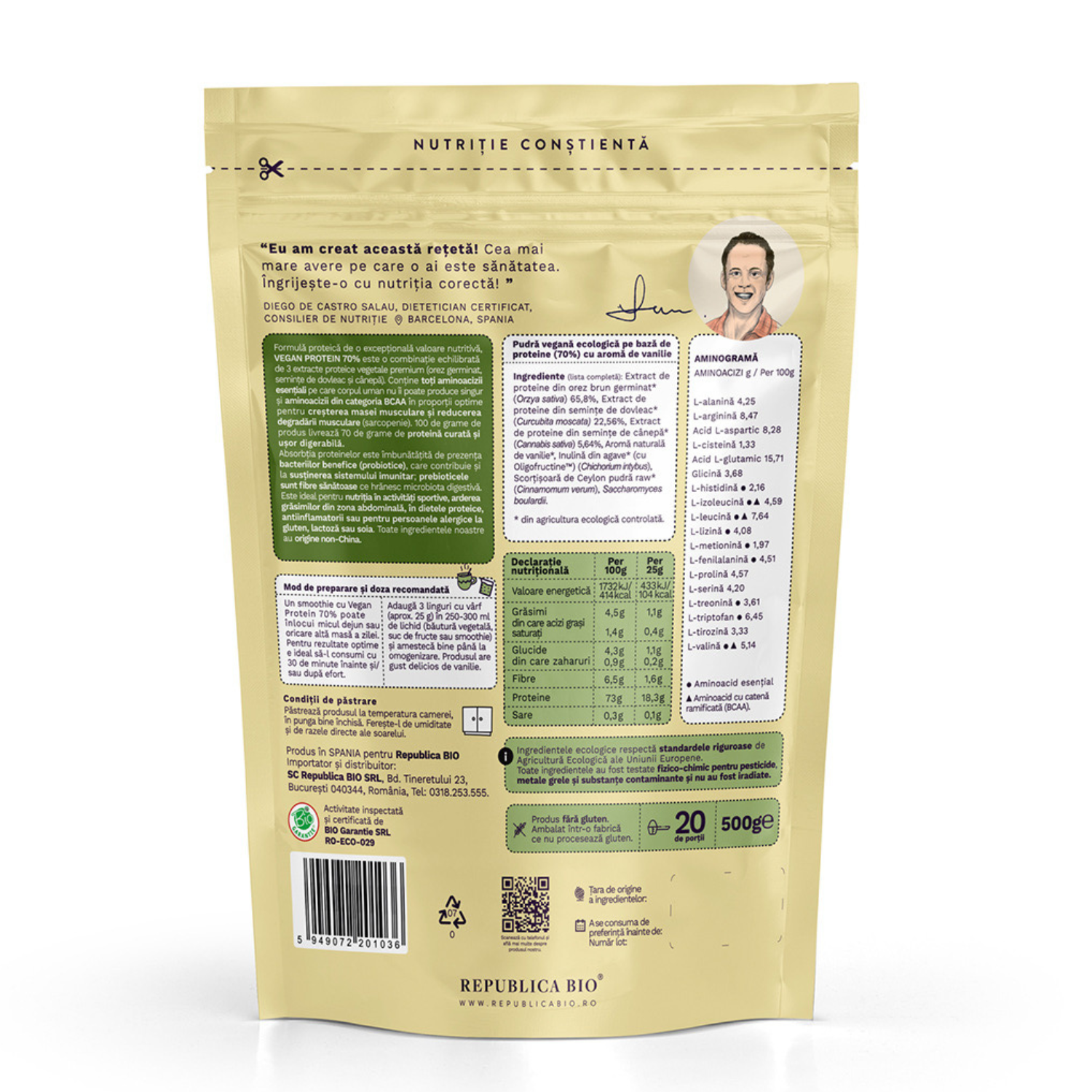 Pudra proteica Bio vegana 70%, cu aroma de vanilie, 500 g, : Bebe Tei