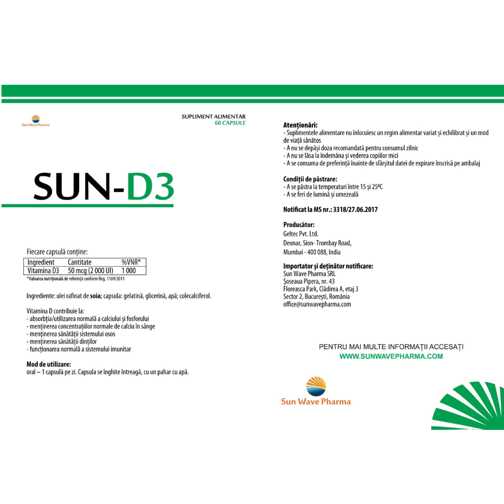 Sun-D3, 60 capsule moi, Sun Wave Pharma : Bebe Tei