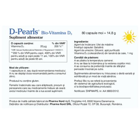 D-Pearls Bio-Vitamina D3, 800 UI, 80 capsule, Pharma Nord : Bebe Tei