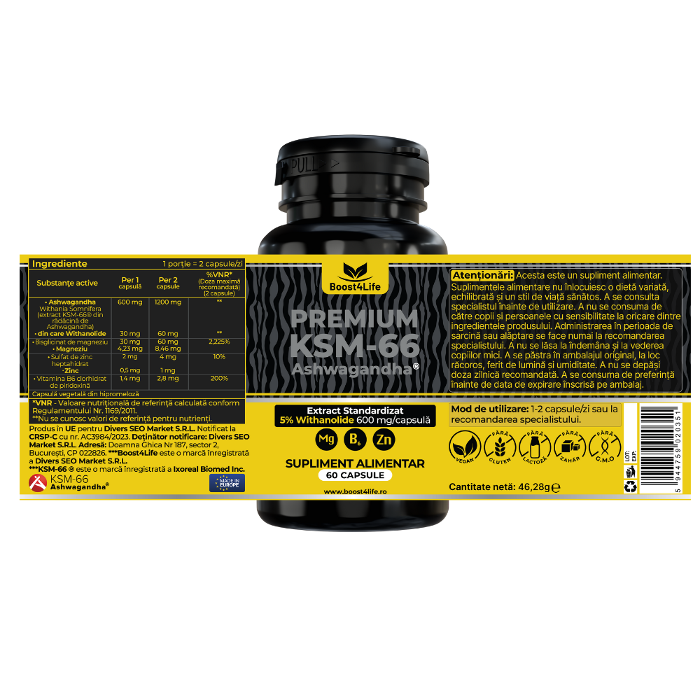 Extract de radacina Ashwagandha KSM-66 Premium, 60 capsule, : Bebe Tei