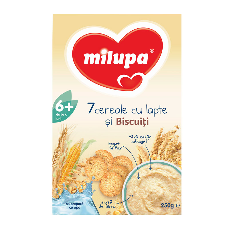 7 cereale cu lapte si biscuiti, +6 luni, 250 g, Milupa : Bebe Tei